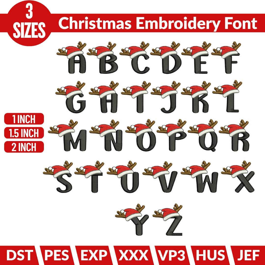 Christmas Reindeer Alphabet Embroidery Font | Santa Hat Letters ...