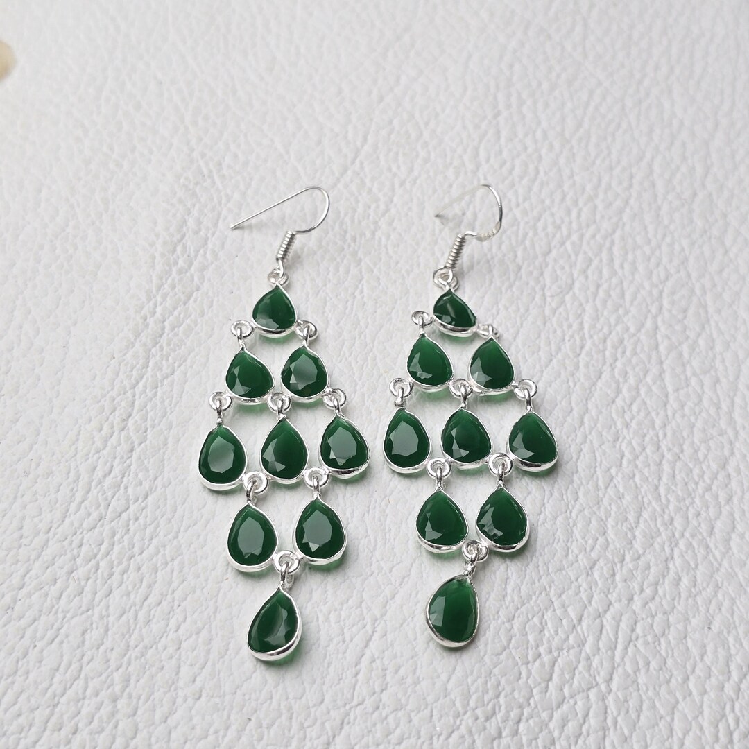 Green Onyx Cut Stone Glass Dangle Women Earrings 925 Sterling Silver ...