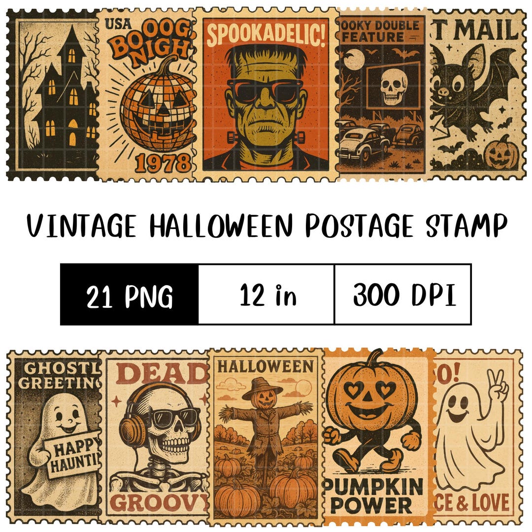 Vintage Halloween Postage Stamp PNG Bundle | Retro Spooky Clipart for ...