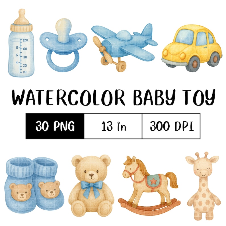 Watercolor Baby Toys Clipart Bundle: Pastel Nursery PNG (digital ...