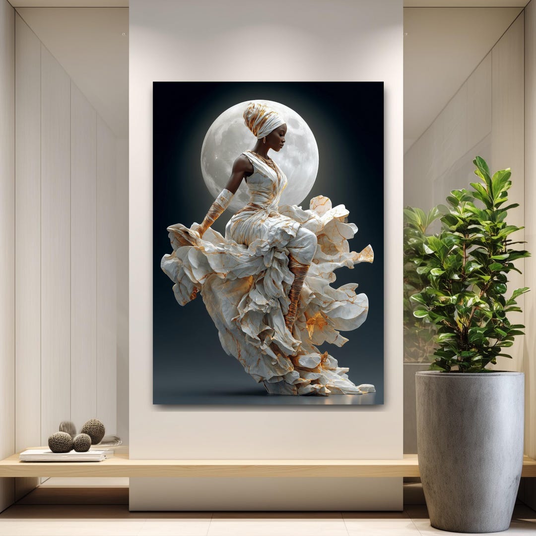 Moonlight Woman Canvas – Elegant African Woman in White and Gold Dress ...