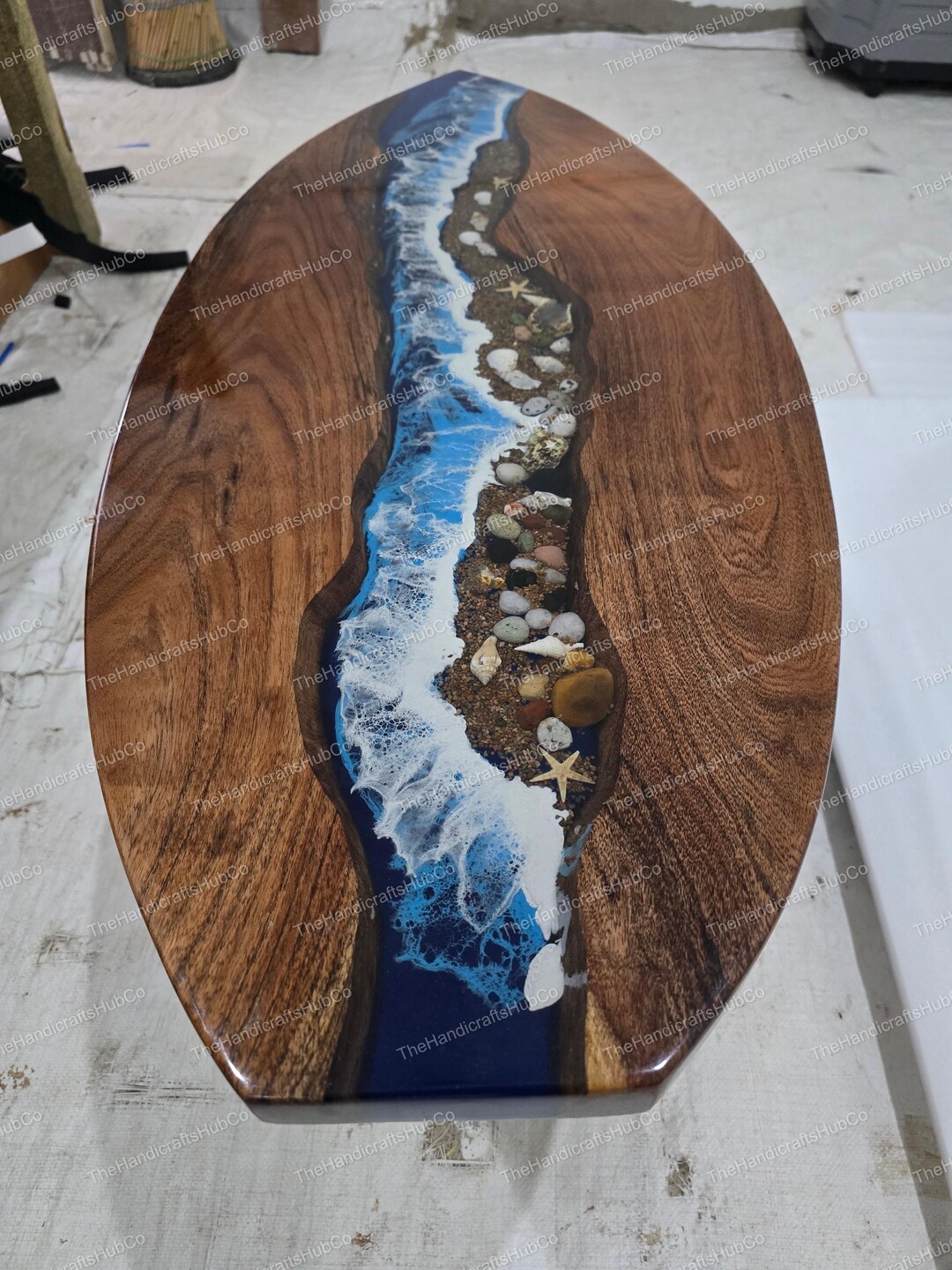 Acacia Wood Beach Epoxy Table Top | Ocean Resin River, Shells & Sand - Etsy