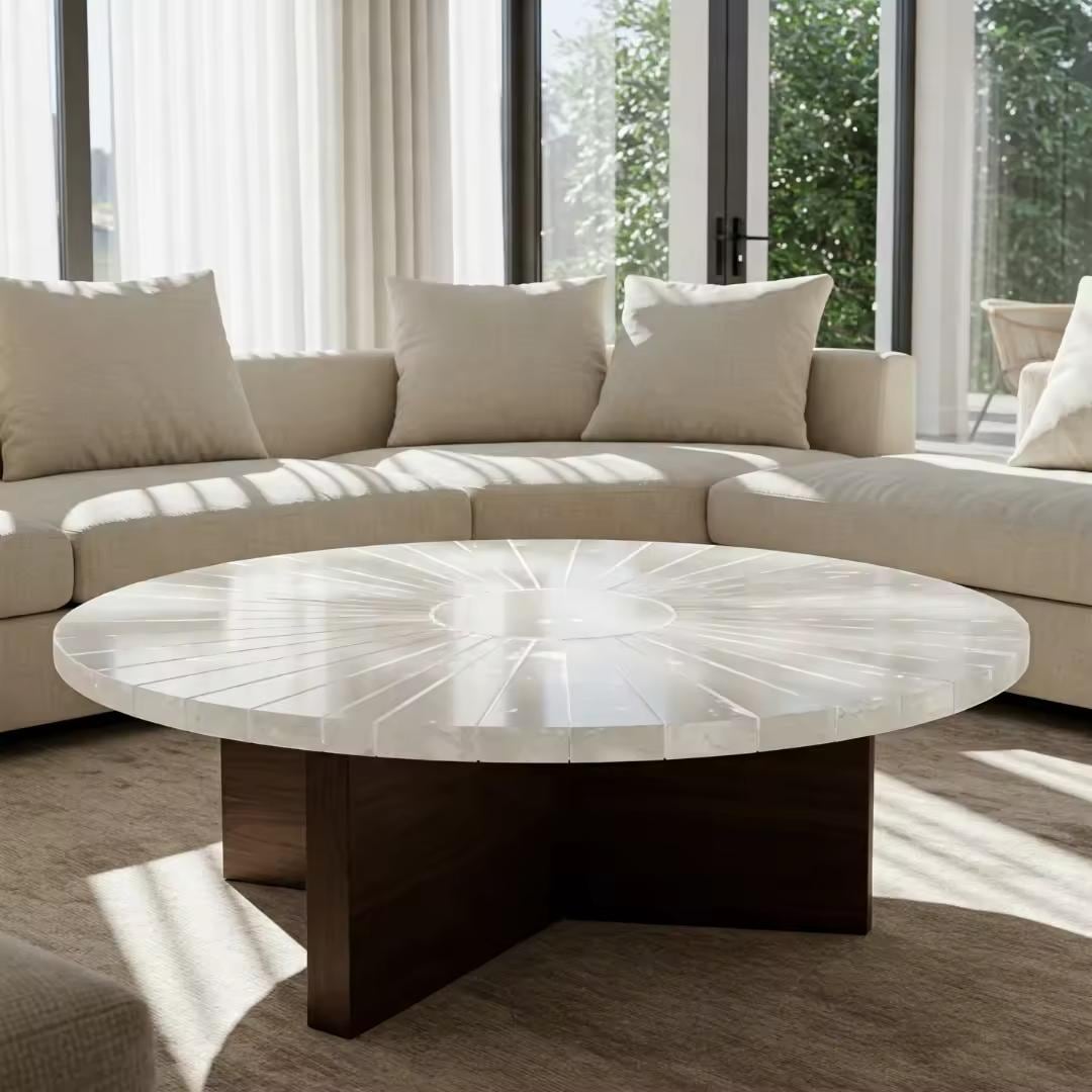 Round Selenite Crystal Coffee Table Top | Sunburst Pattern | Luxury ...