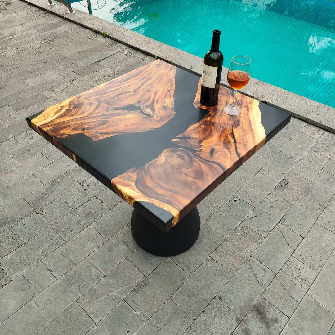 Handmade Acacia Wood River Table | Black Epoxy Resin Outdoor Dining - Etsy