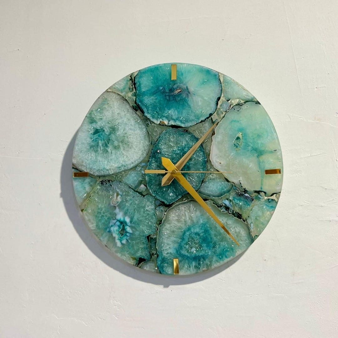 Handmade Green Agate Wall Clock | Gold Hands Round | Crystal Gemstone ...