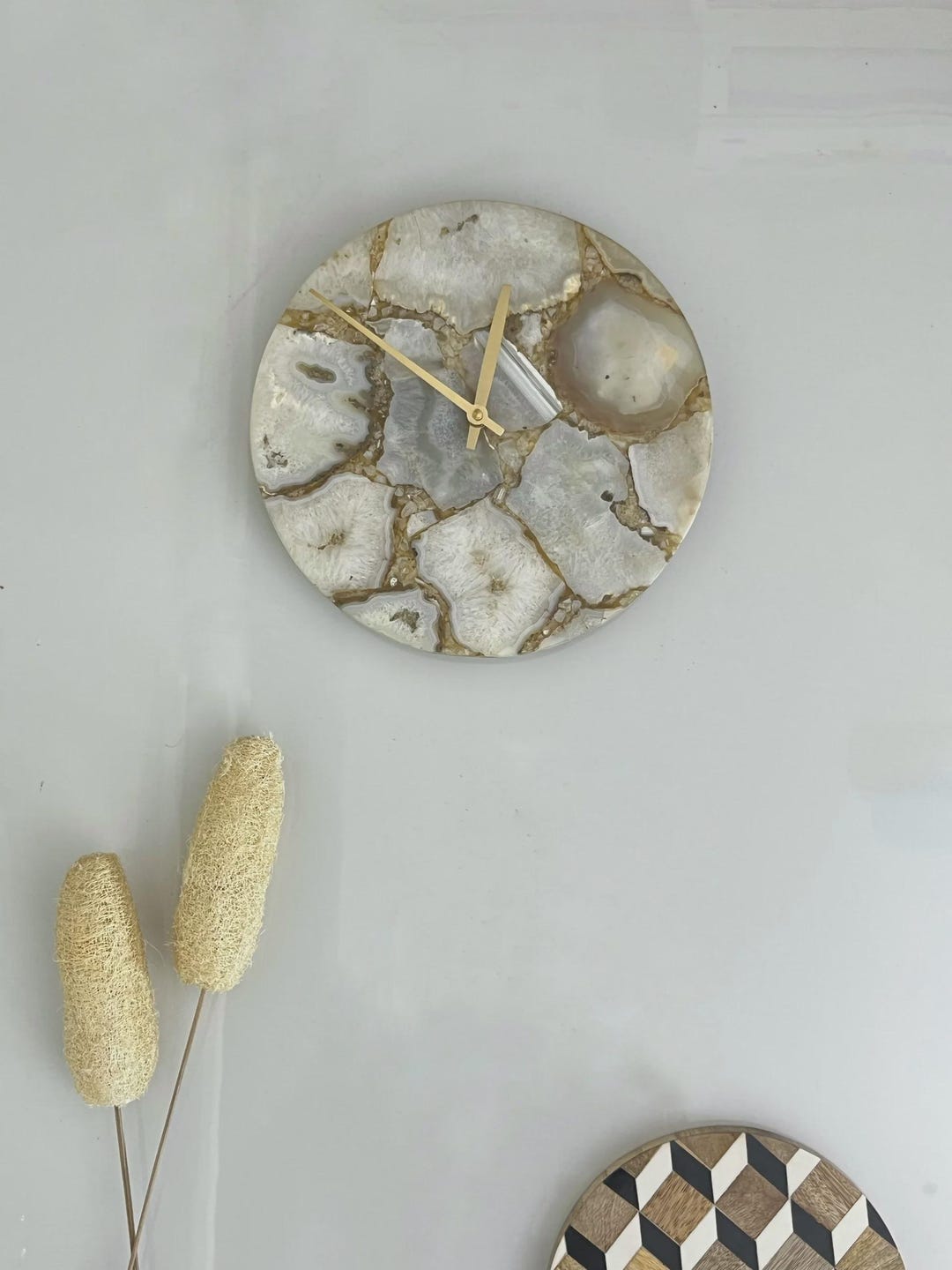 Grey Agate Round Wall Clock | Handcrafted Gemstone Slice | Gold Hands ...