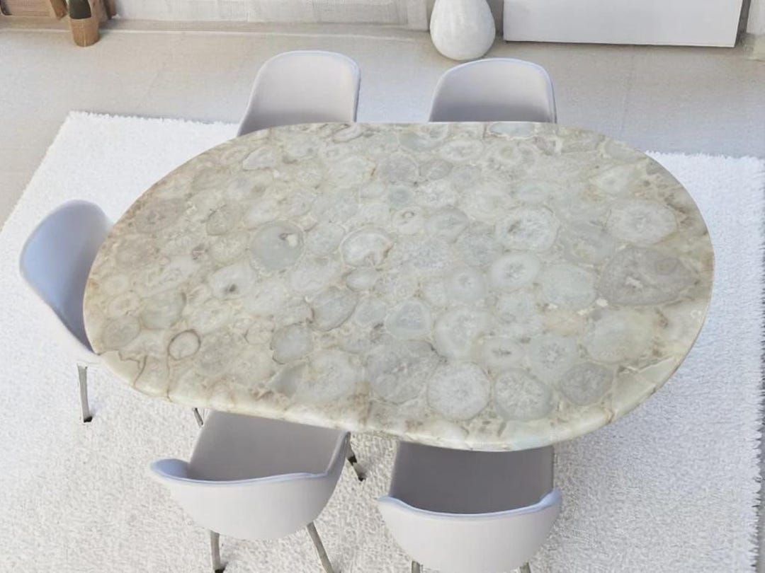 White Agate Oval Table Top | Modern Gemstone Centerpiece (customizable ...