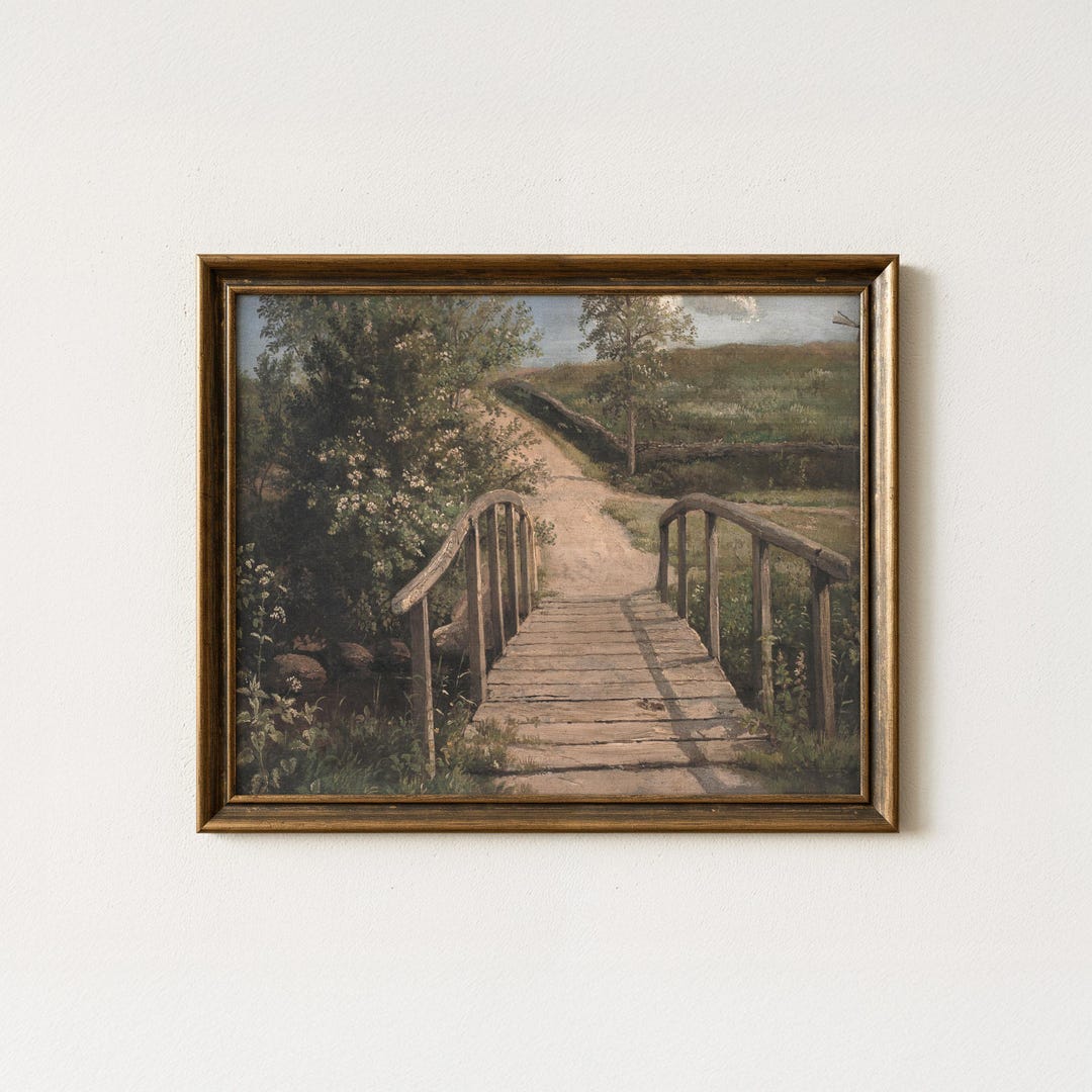 Vintage Countryside Footbridge Wall Art, Antique Style Rustic Stream ...
