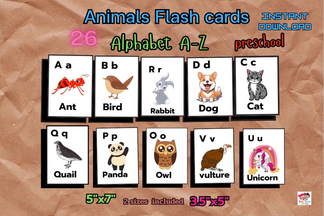 26 Animals Flash Cards A-z/preschool Learning/printable Kids/activity ...
