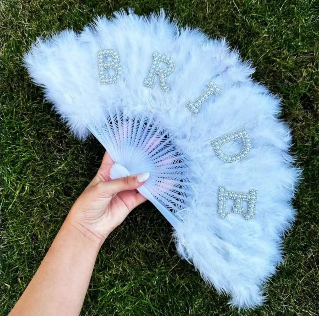 Bride Feather Fan, Pearl Bride Folding Fan, Bridal Fan, Handmade Custom ...