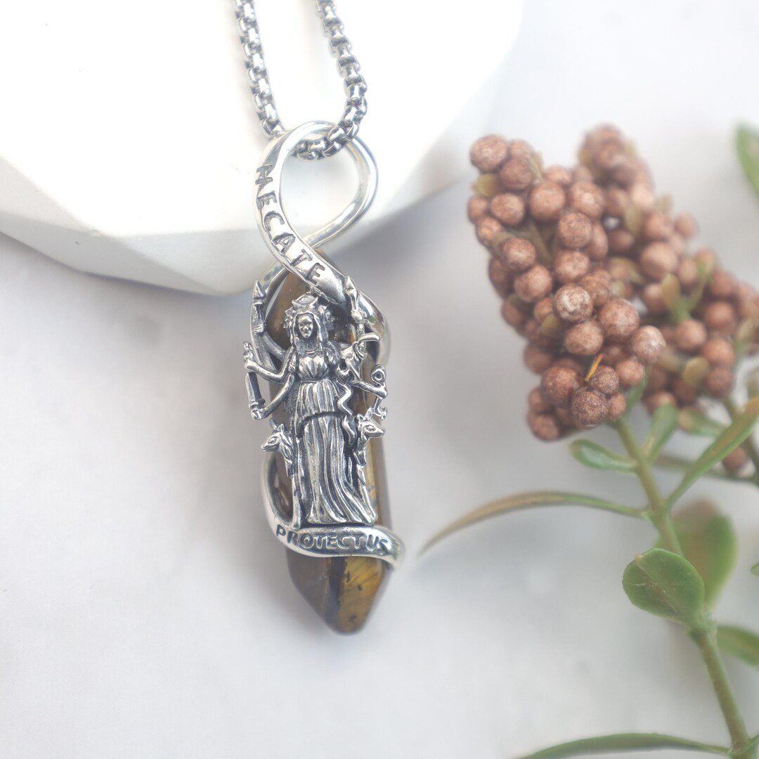 Hecate Necklace With Tiger’s Eye Crystal – Triple Moon Goddess Pendant ...