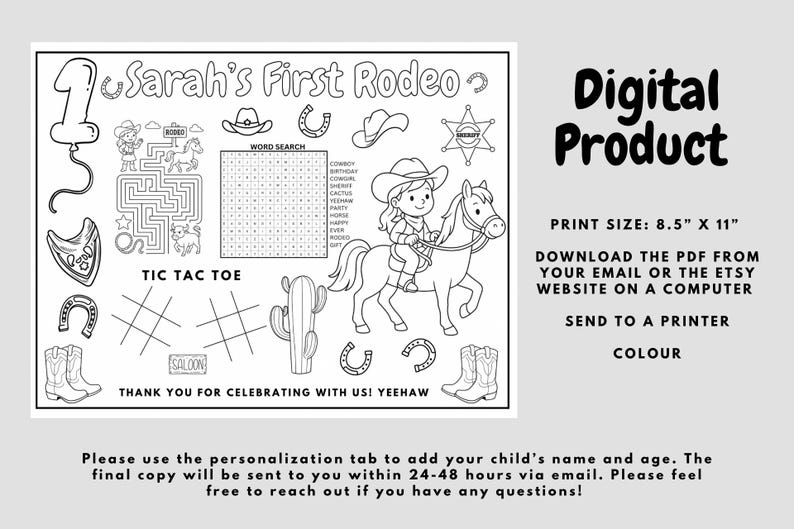 Personalized Girl Rodeo Birthday Coloring Page: Party Activity Favour ...