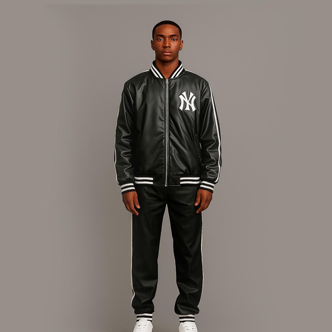 Handmade Black Leather Tracksuit: Men's Jogging Sweatsuit With White ...