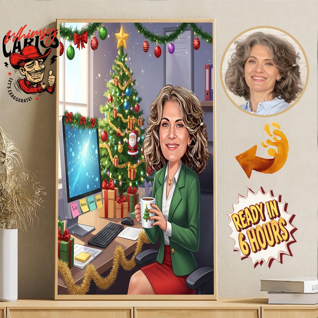 Office Christmas Caricature for Woman | Funny Holiday Desk Portrait - Etsy