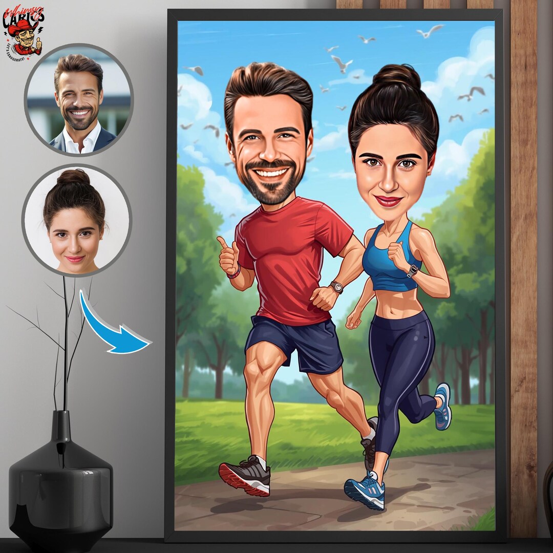 Custom Running Couple Caricature From Photo, Personalized Fitness ...