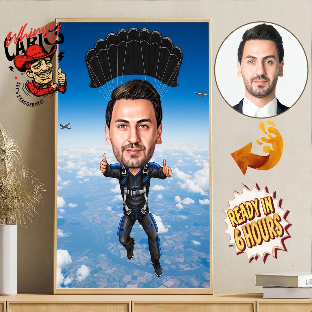 Custom Skydiver Cartoon Portrait, Skydiver Caricature, Skydiver Gift ...