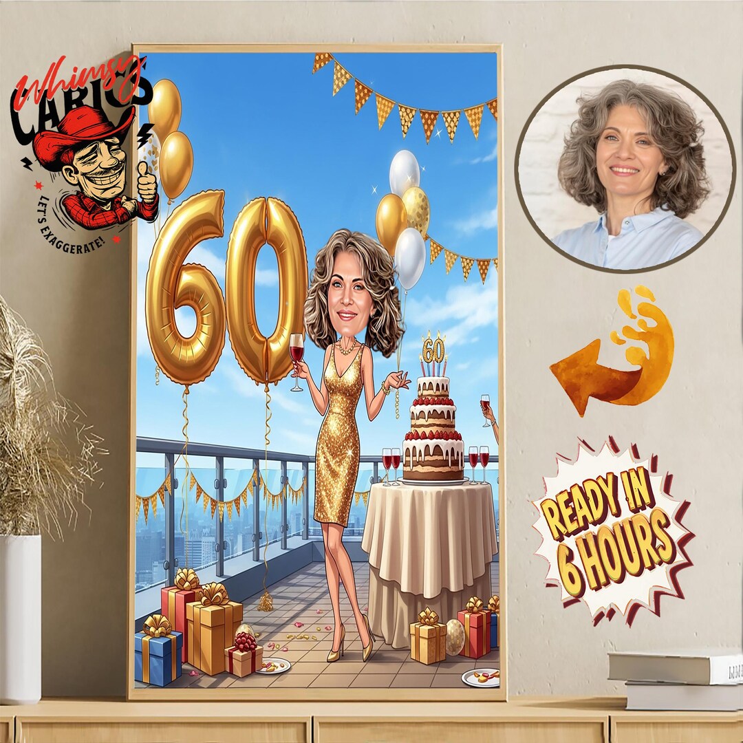 60th Birthday Caricature Gift: Personalized Cartoon Portrait (digital ...