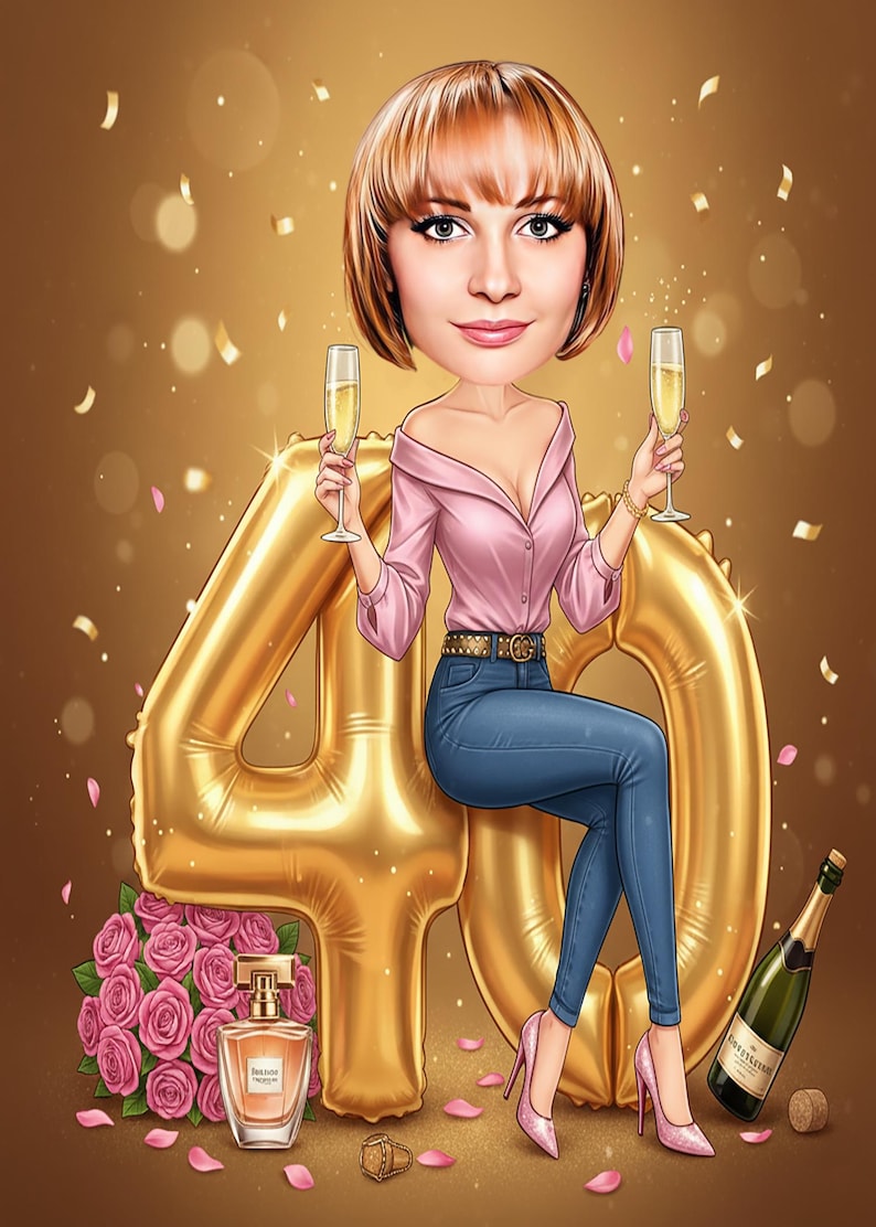 40th Birthday Caricature: Custom Cartoon Portrait for Women (digital ...