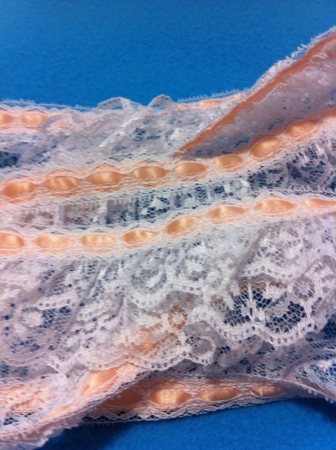 White Double Tier Lace With Peach Ribbon/ 2" (50 Mm ) Width/wedding ...