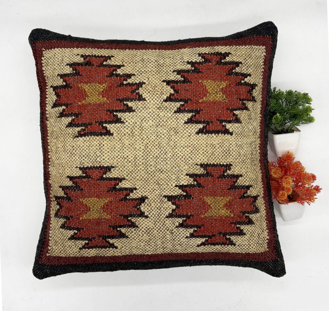 Aztec Pattern Kilim Jute Pillow Cover Wool Jute Handwoven Cushion ...