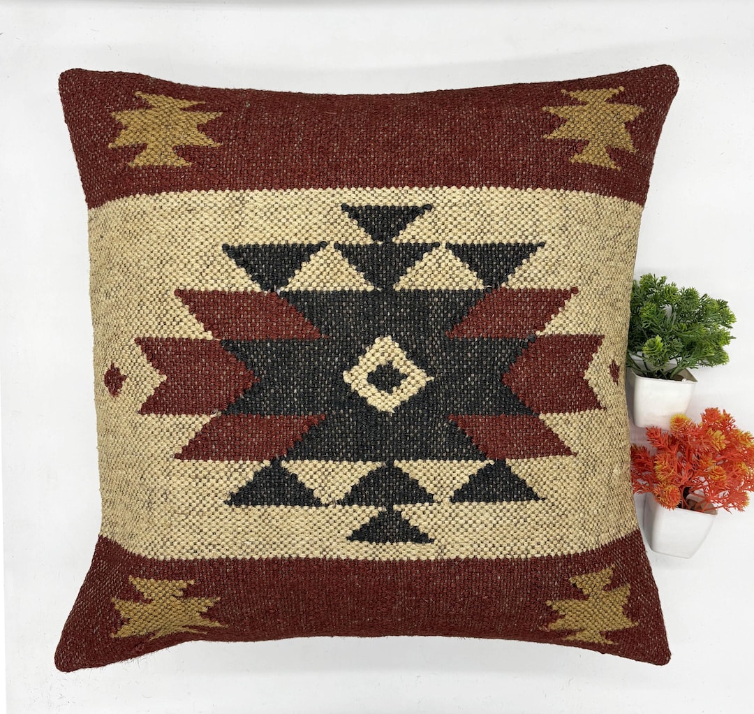 Aztec Pattern Kilim Jute Pillow Cover Wool Jute Handwoven Cushion ...