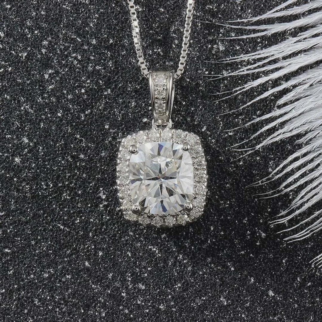 3ct Cushion Cut Lab Diamond Halo Pendant 14K White Gold Plated Necklace ...