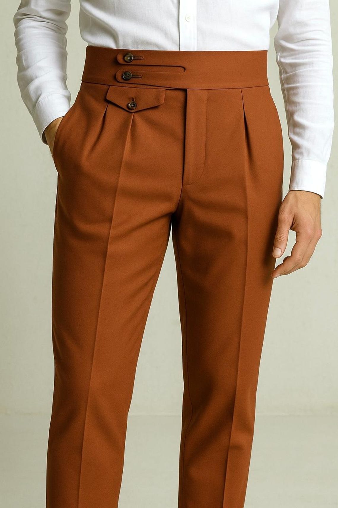 Men Rust Terracotta Tailored Trousers: Retro High Waist, Double Button ...