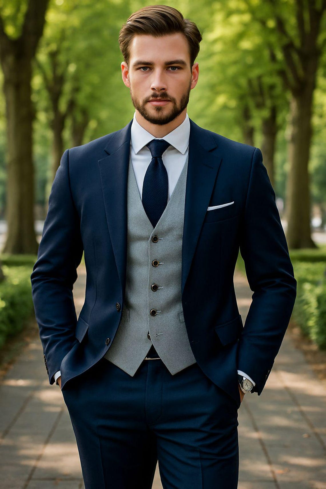 Navy Blue Suit With Grey Vest | Slim Fit Wedding Tuxedo - Etsy