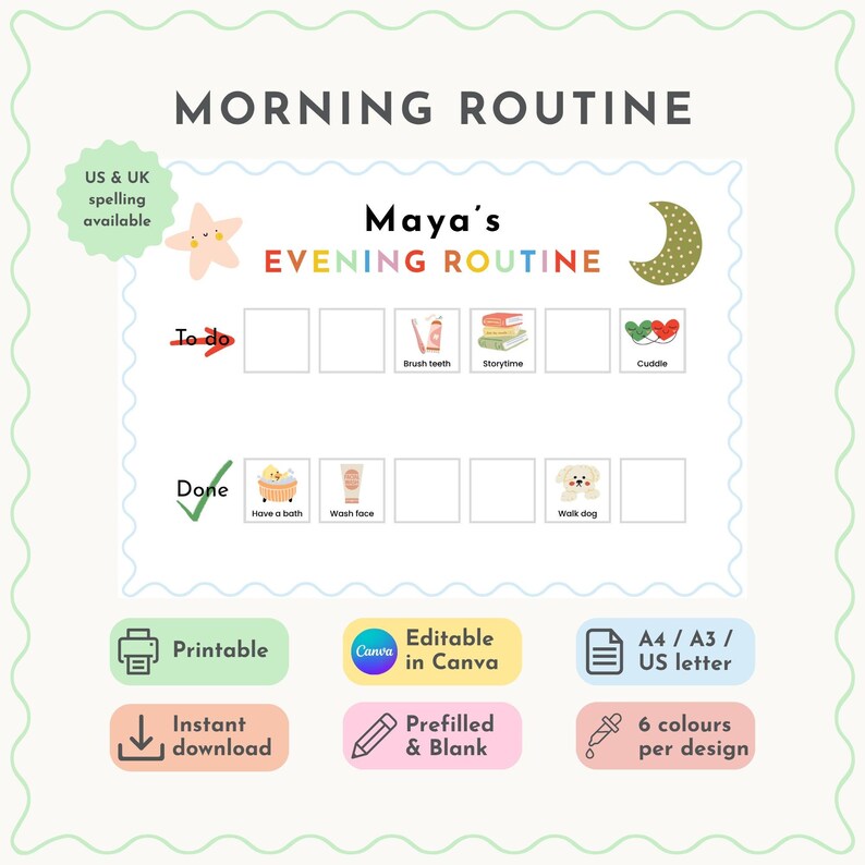 Printable Evening Routine Chart for Kids – Visual Schedule, Editable in ...