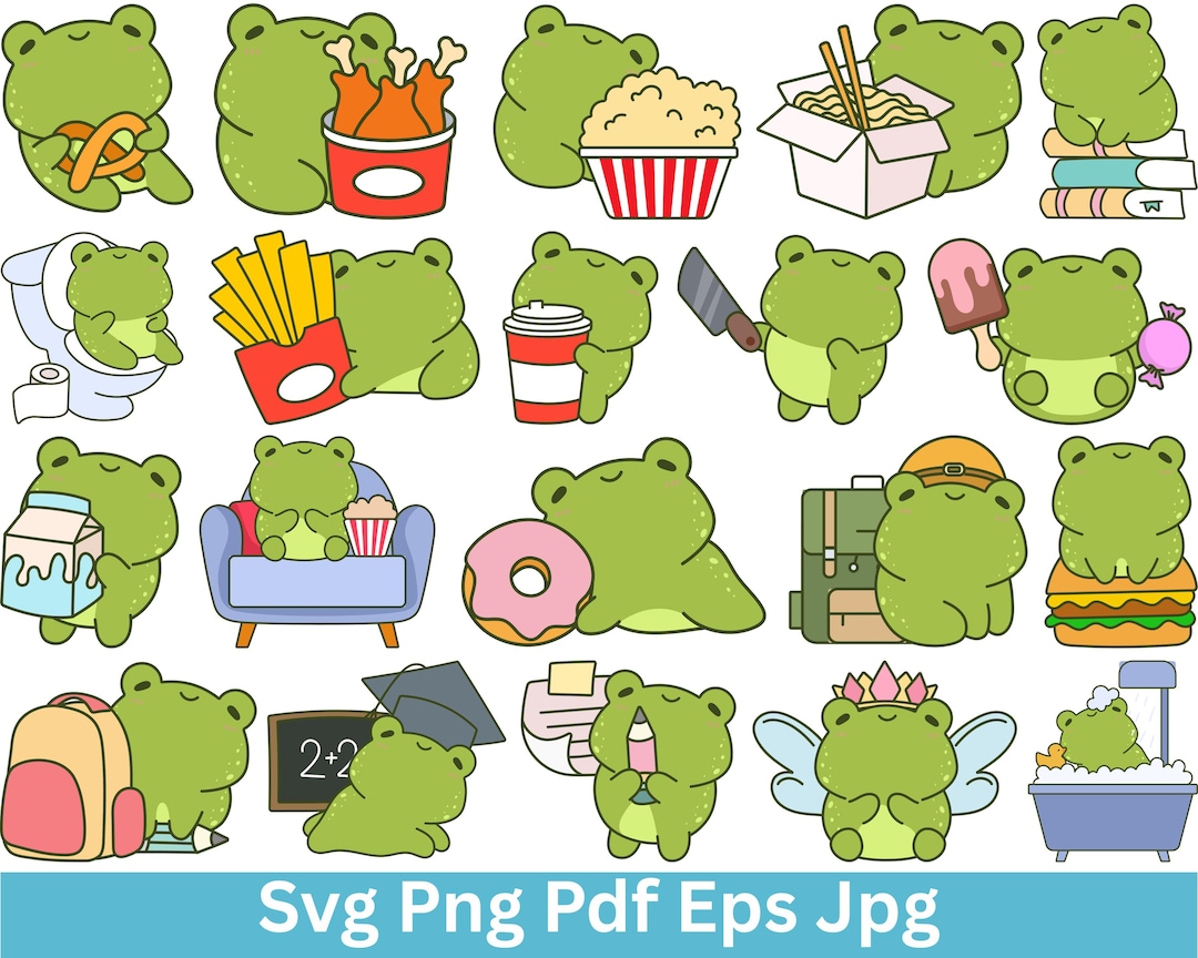 Kawaii Frogs PNG Bundle, Cute Frog SVG Bundle, Animal Svg, Frog Clipart ...