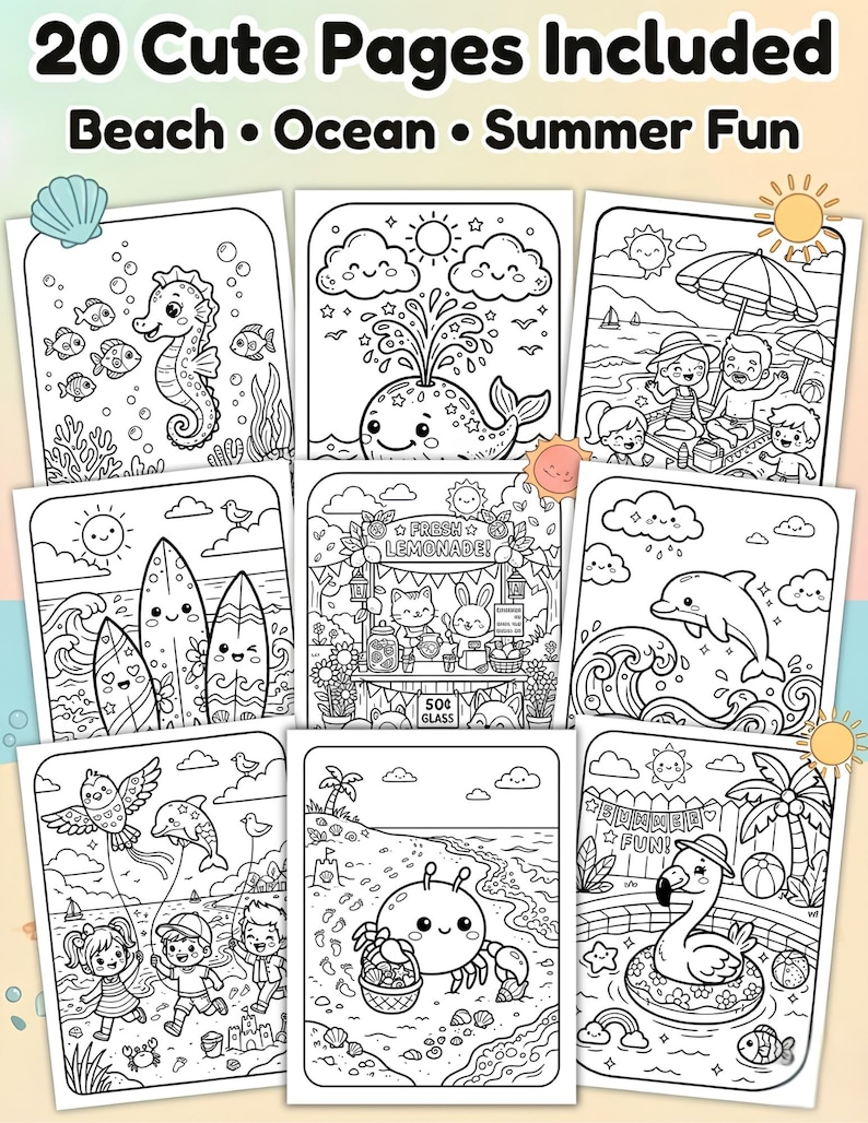 Summer Vacation Coloring Book Printable | 20 Cute Beach & Ocean ...
