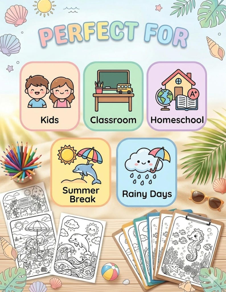 Summer Vacation Coloring Book Printable | 20 Cute Beach & Ocean ...