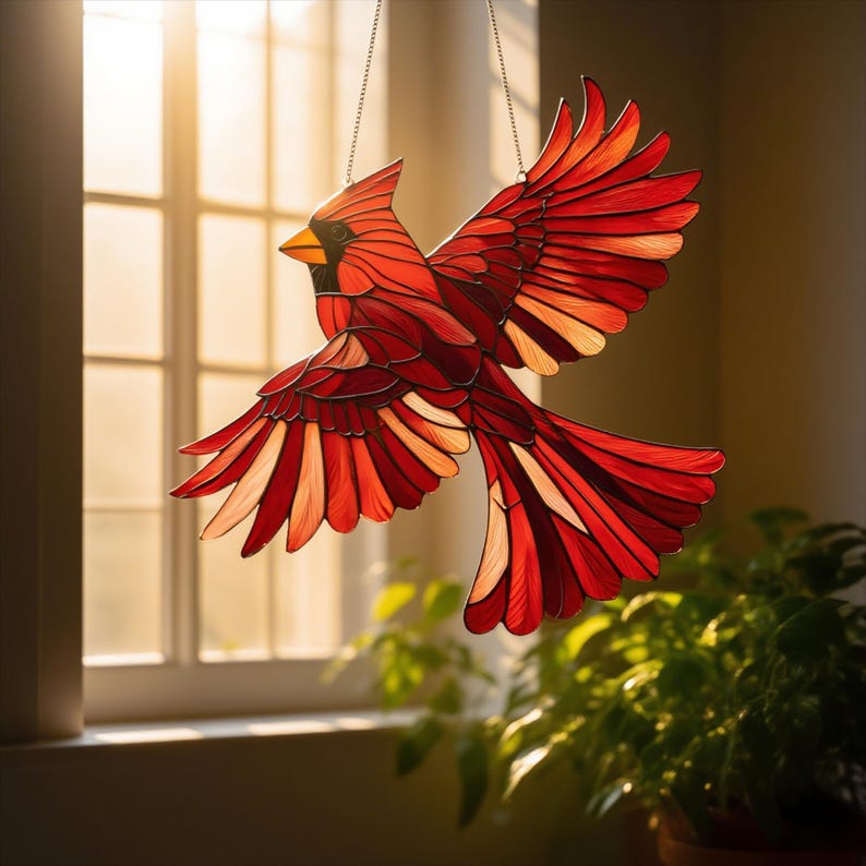 Hand-painted Stained Glass Cardinal Ornament | Bird Window Hanging ...