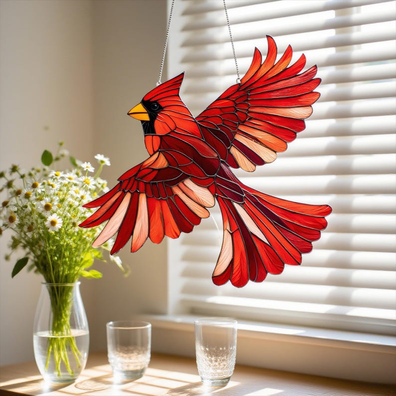 Hand-painted Stained Glass Cardinal Ornament | Bird Window Hanging ...
