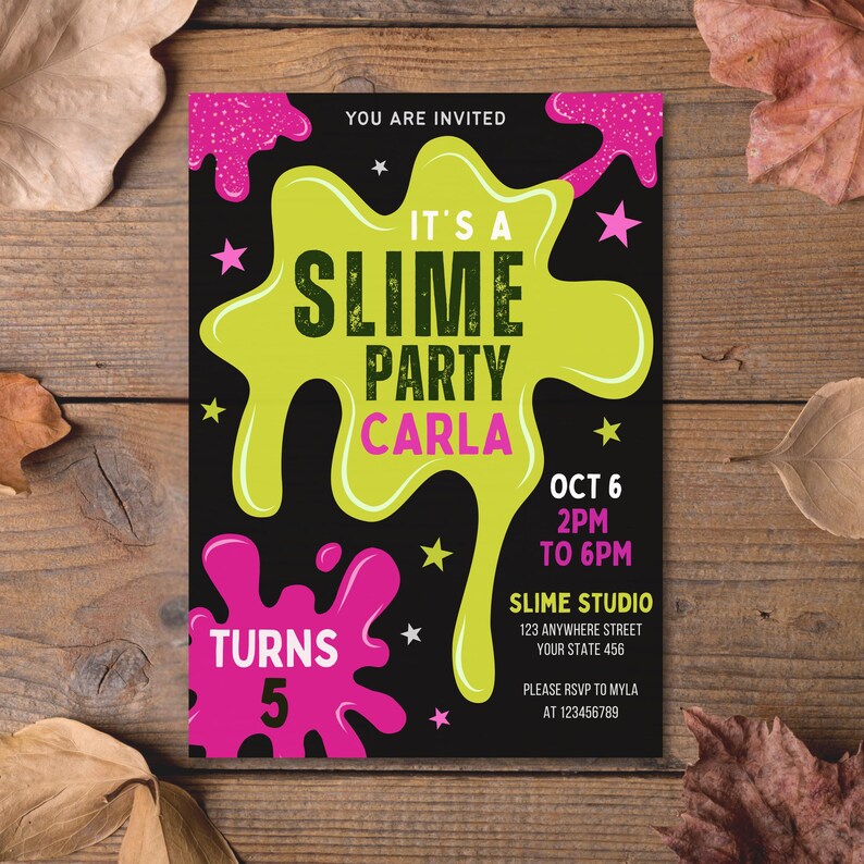 Editable Slime Birthday Invitation: Neon Sparkle Theme Girl Party ...