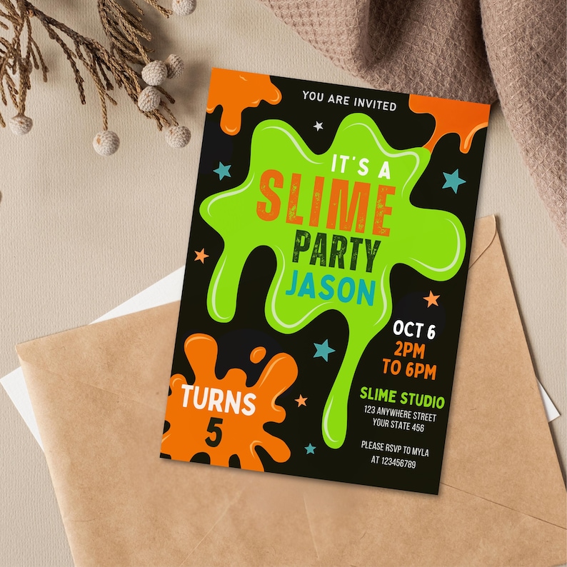 Slime Birthday Invitation: Neon Theme Slime Party Card (digital ...