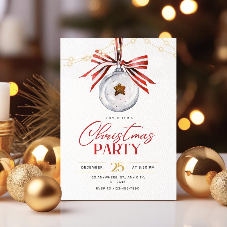 Christmas Party Invitation: Red & Gold Christmas Ball Theme Holiday ...
