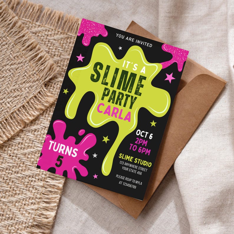 Editable Slime Birthday Invitation: Neon Sparkle Theme Girl Party ...