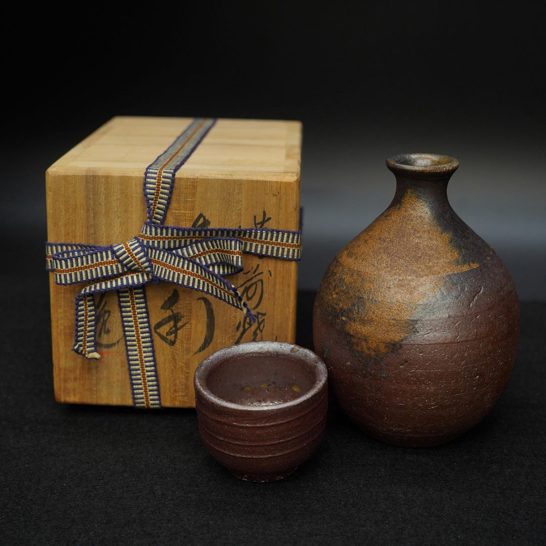 Vintage Japanese Bizen Ware Sake Bottle and Cup Set – Tokkuri & Ochoko ...