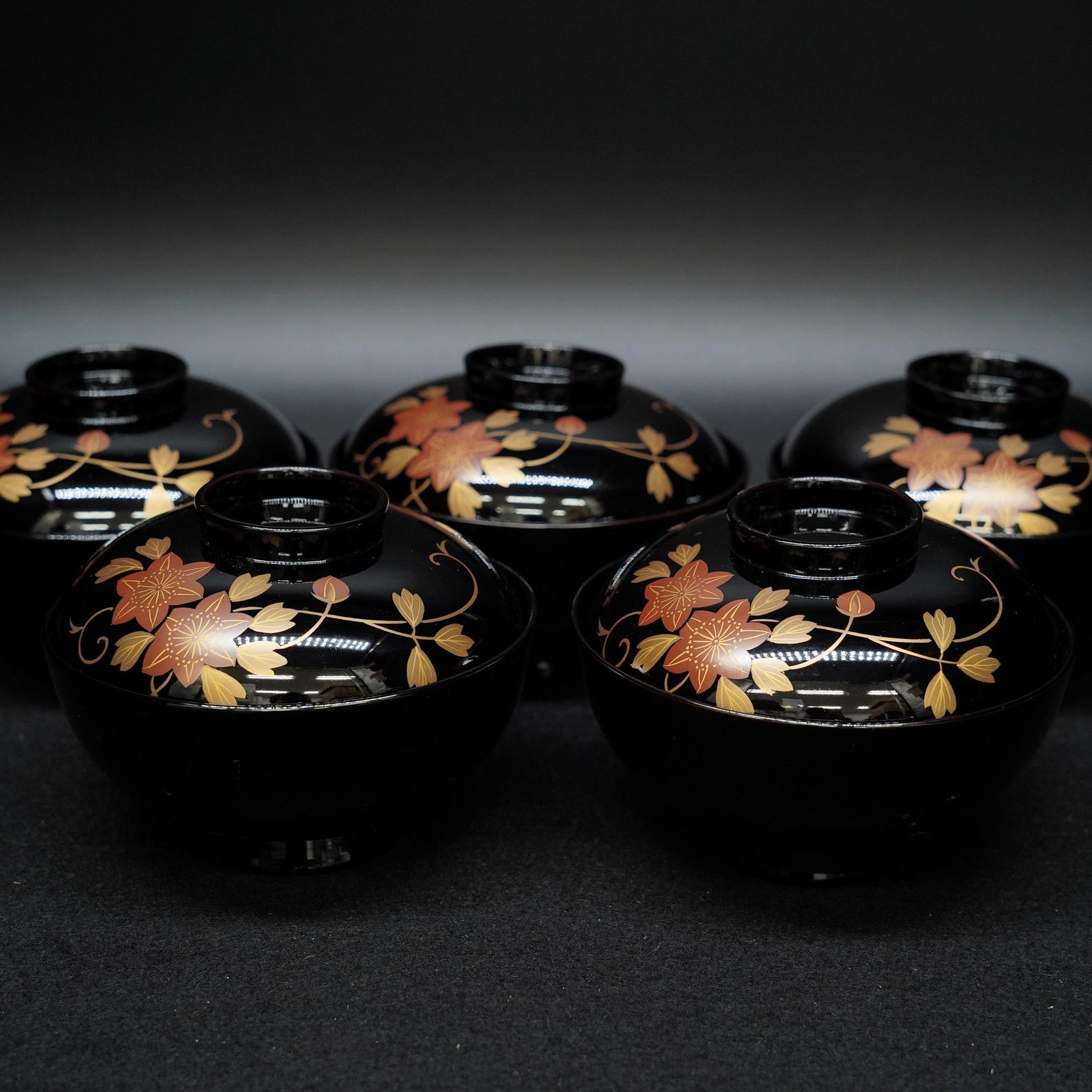 Vintage Japanese Lacquer Soup Bowl Set of 5 Black Owan Bowls with ...