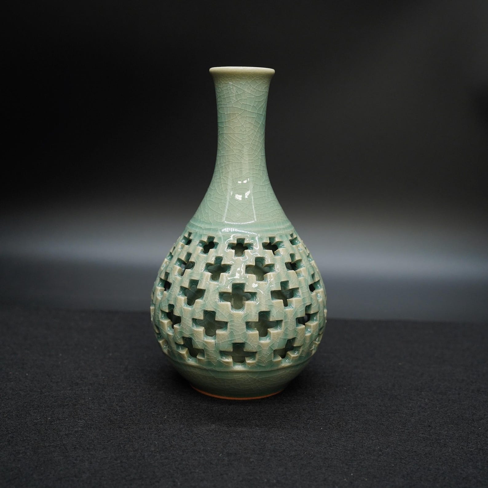 Celadon Pierced Vase with Signed Wooden Box | Japanese Vintage ...