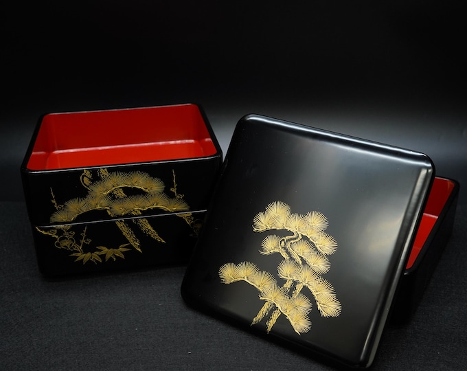Vintage Japanese Lacquer Jubako Bento Box with Gold Pine Maki-e | 2Tier ...