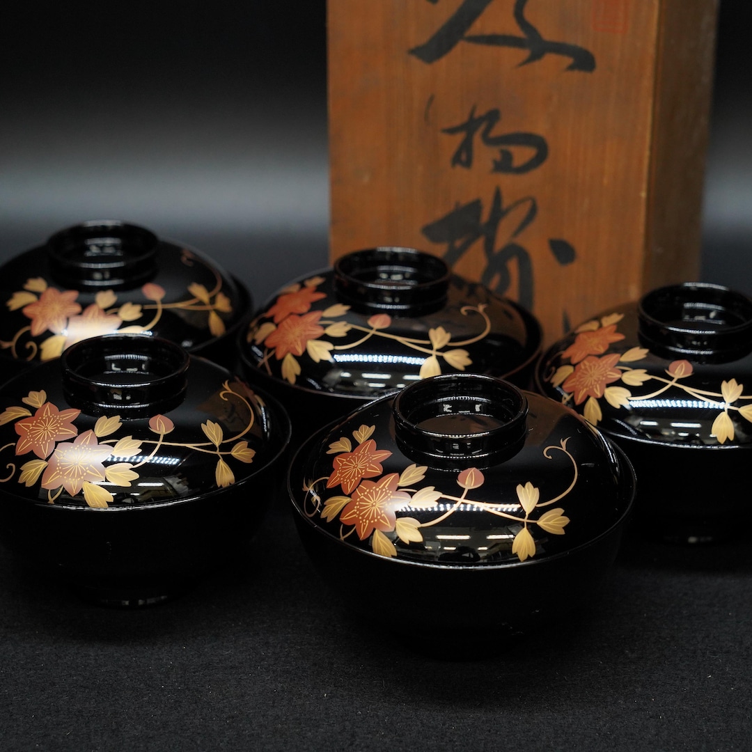 Vintage Japanese Lacquer Soup Bowl Set of 5 Black Owan Bowls with ...