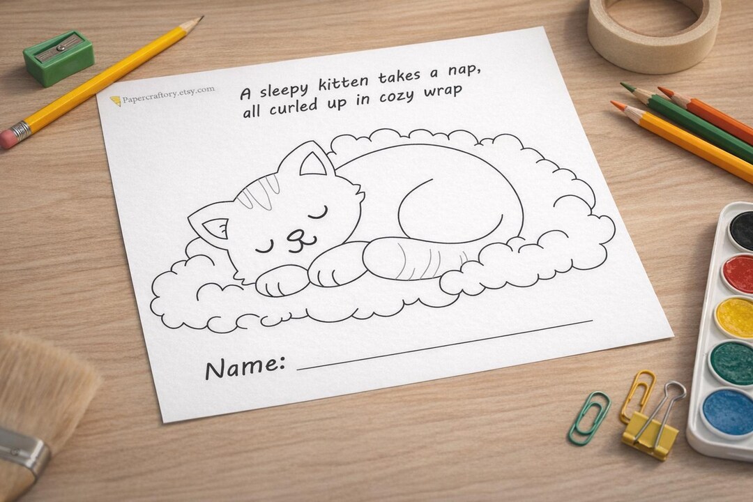 Sleepy Kitten Colouring Page, Cozy Poem, Preschool Printable (digital ...