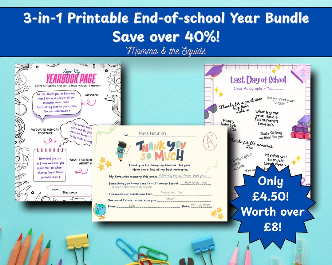 End of School Year Printable Bundle – Teacher Thank You, Yearbook ...