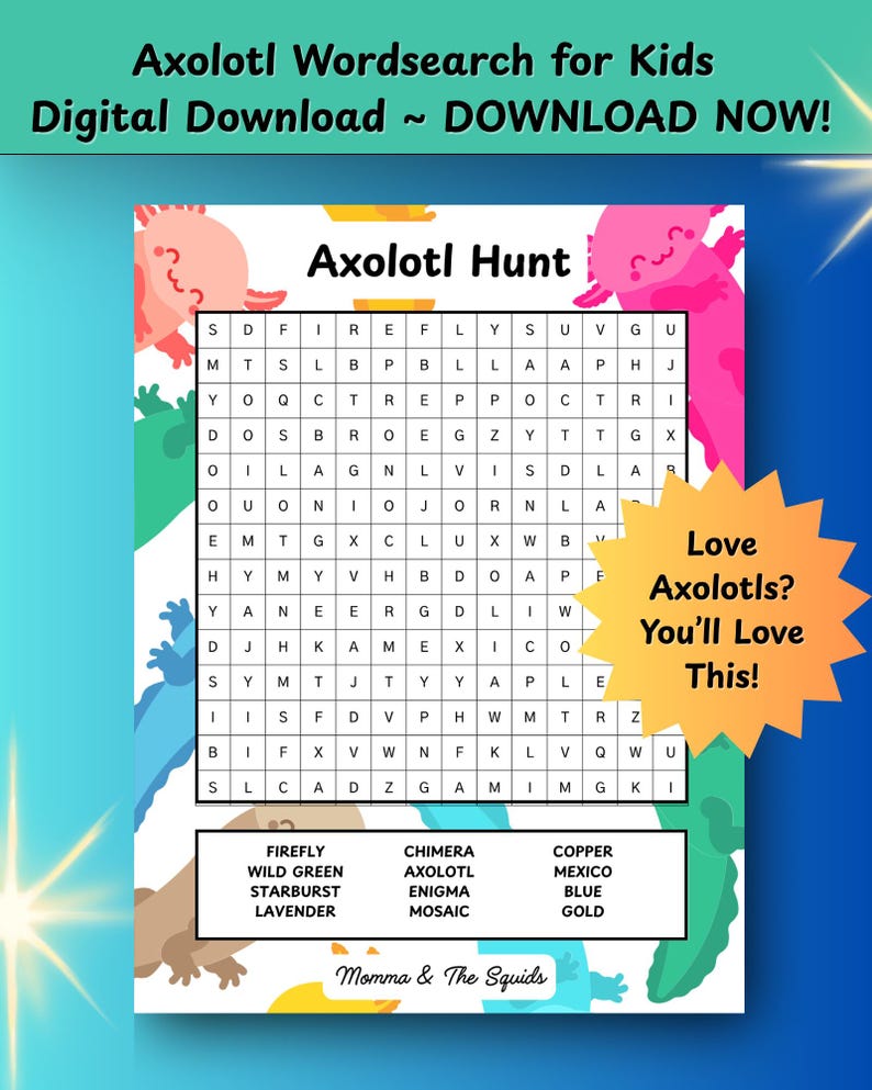 Axolotl Wordsearch for Kids | Cute Printable Puzzle | Fun Learning ...