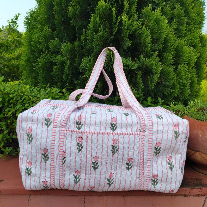 Pink Floral Quilted Duffle Bag, Cotton Weekender Travel Bag, Handmade ...