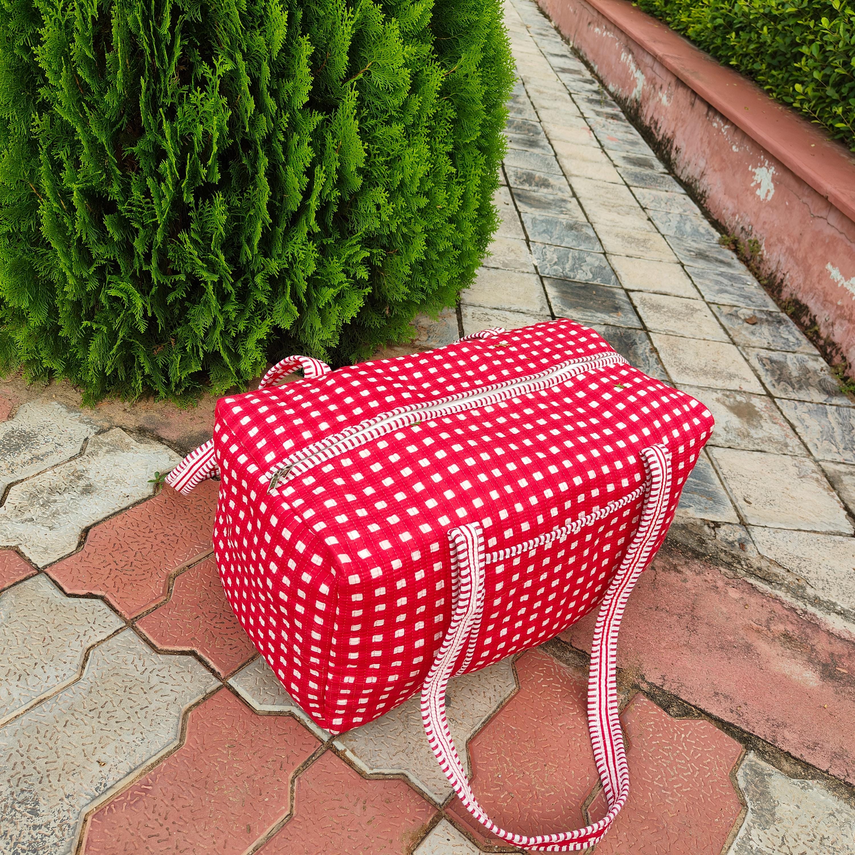 Handmade Red Checkered Quilted Cotton Duffle Bag - Weekend Travel - Etsy