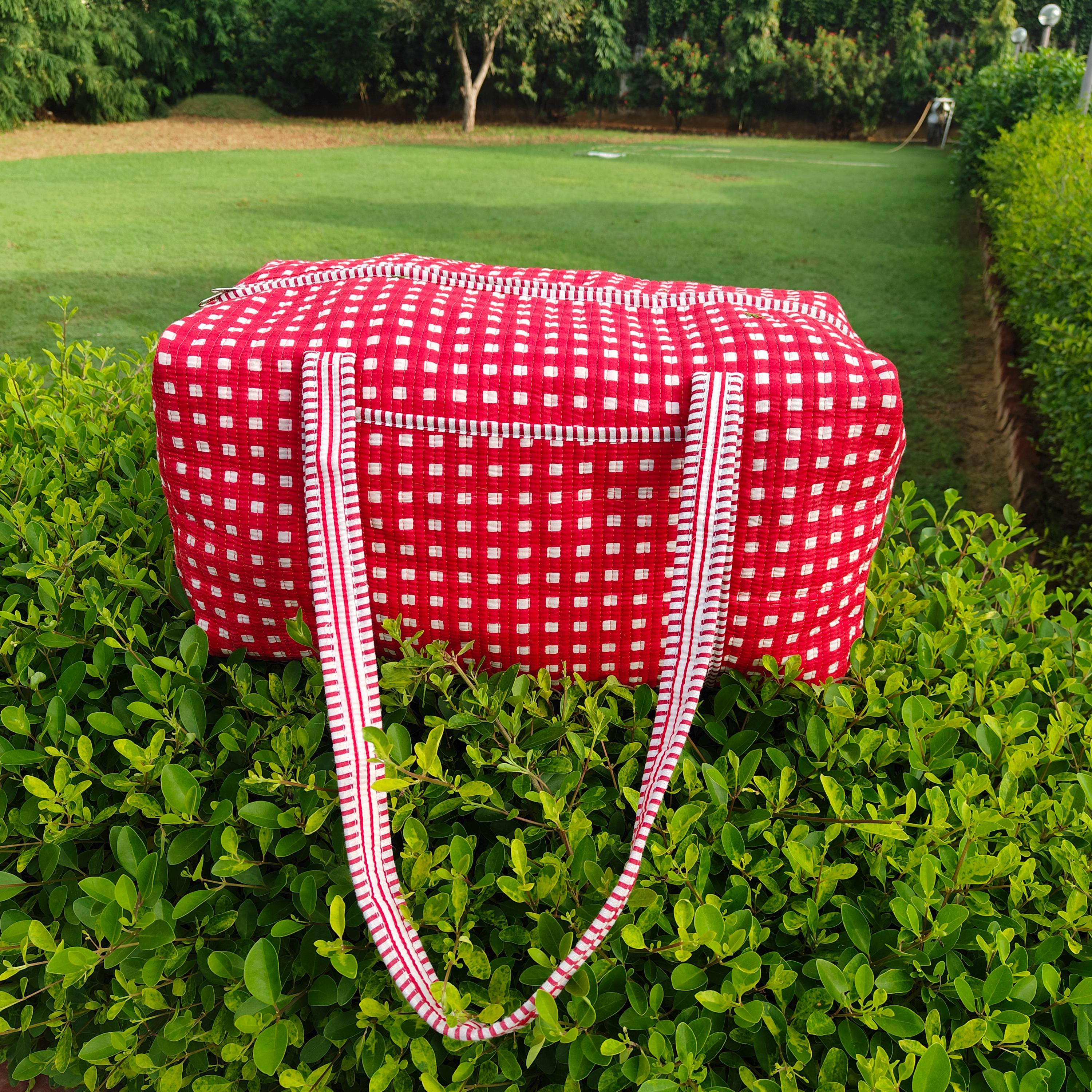 Handmade Red Checkered Quilted Cotton Duffle Bag - Weekend Travel - Etsy