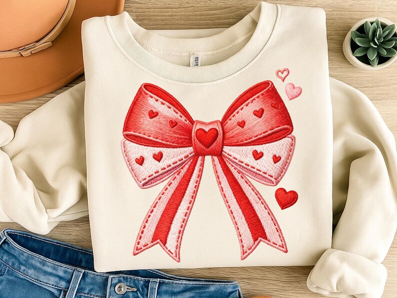 Embroidered Heart Ribbon Bow PNG | Valentine's Day Graphic | Red and ...